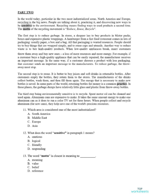 Part 2- Reading 3. Interactive worksheet | TopWorksheets