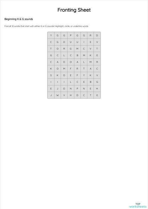 Fronting Sheet. Interactive worksheet | TopWorksheets