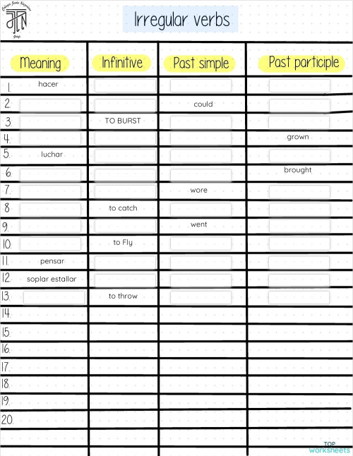 VERBOS IRREGULARES IV. Ficha interactiva | TopWorksheets