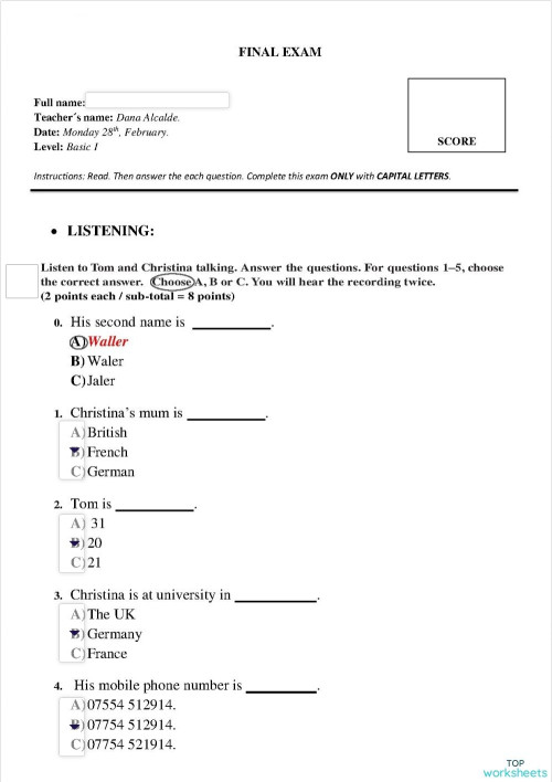 FINAL EXAM - B1W. Interactive worksheet | TopWorksheets