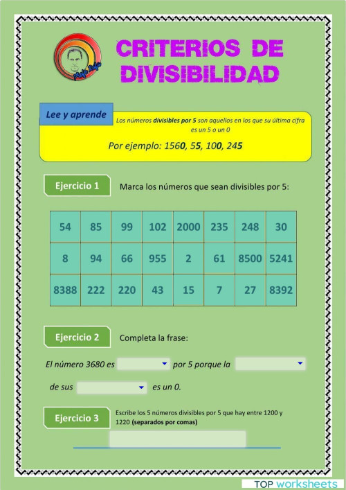 Números divisibles por 5. Ficha interactiva | TopWorksheets