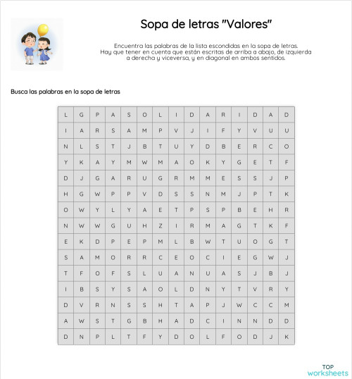 Sopa de letras "Valores". Ficha interactiva | TopWorksheets