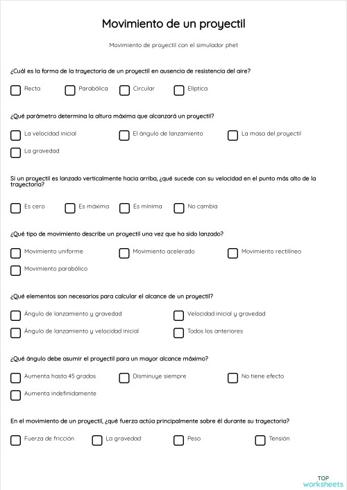 Movimiento de un proyectil. Ficha interactiva | TopWorksheets