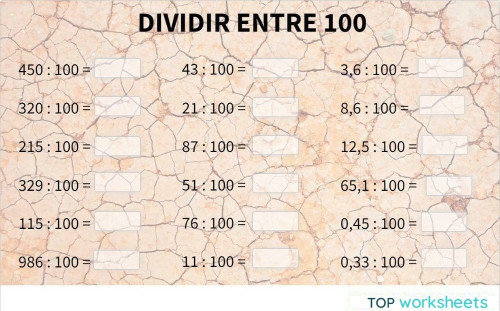 Dividir entre 100. Fitxa interactiva | TopWorksheets