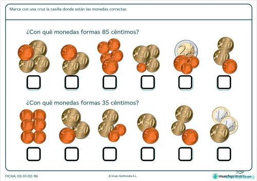 Ejercicio de matemática con monedas. Ficha interactiva | TopWorksheets