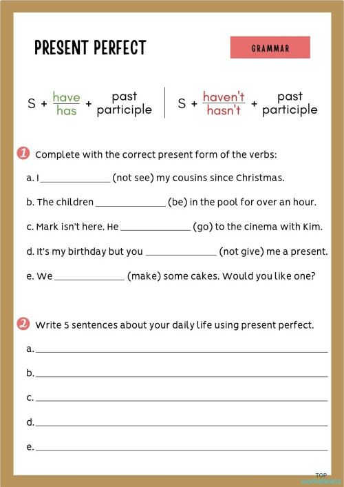 1. PRESENT PERFECT - worksheet. Interactive worksheet | TopWorksheets
