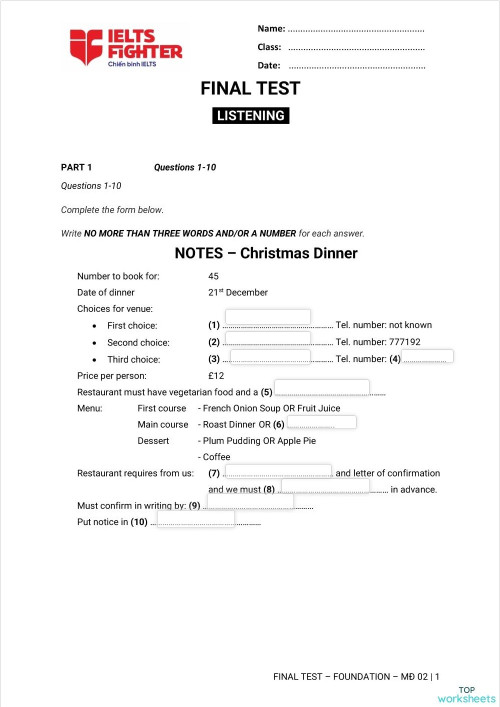 LISTENING FINAL TEST. Interactive worksheet | TopWorksheets
