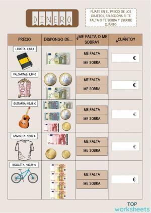 Sumas y restas con dinero. Ficha interactiva | TopWorksheets