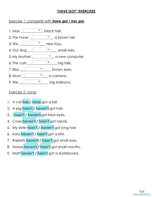 Has got/have got. Interactive worksheet | TopWorksheets