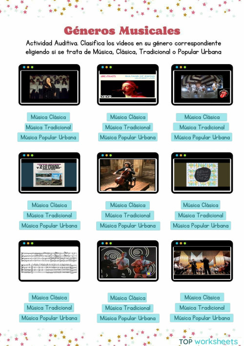 Géneros Musicales. Actividad audiovisual. Ficha interactiva | TopWorksheets