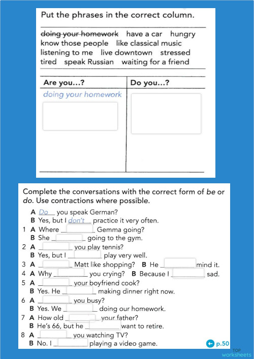 Be or Do? PRESENT SIMPLE vs. CONTIN.. Interactive worksheet | TopWorksheets