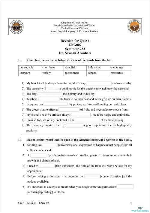 ENG 002 - Revision for Quiz 1 - Vocabulary and Reading. Interactive ...