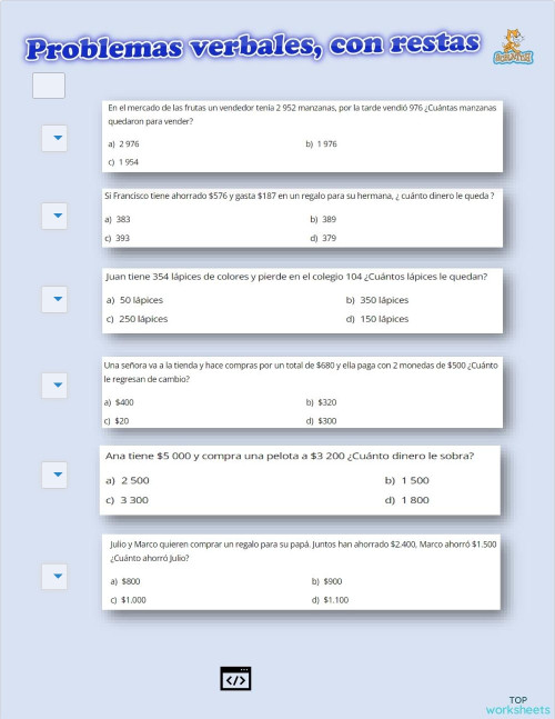Problemas verbales 04. Ficha interactiva | TopWorksheets