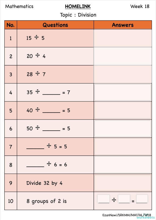 Maths Yr3 Homelink W18. Interactive worksheet | TopWorksheets