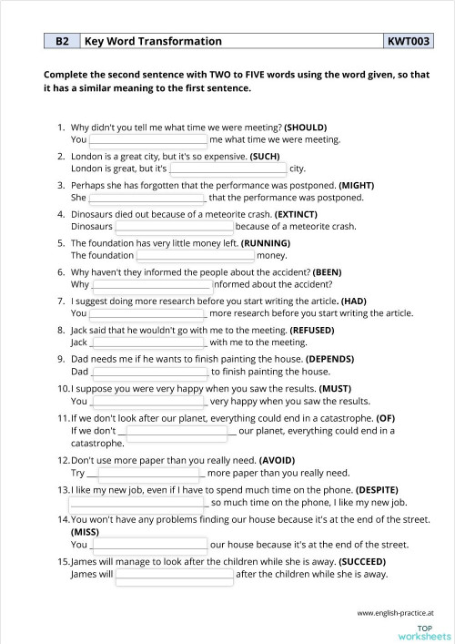 Sentence Transformation 3. Interactive worksheet | TopWorksheets