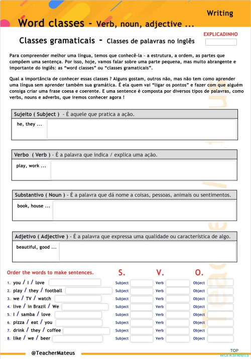 Word Classes - Writing. Interactive worksheet | TopWorksheets