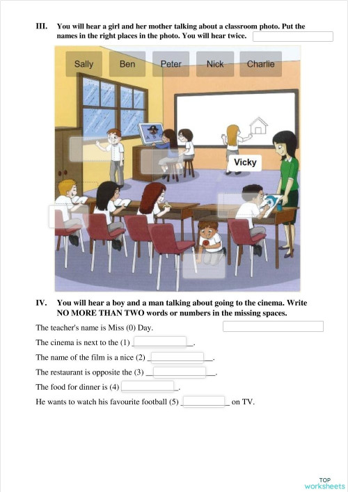 Listening A1 - Classroom & Cinema. Interactive worksheet | TopWorksheets