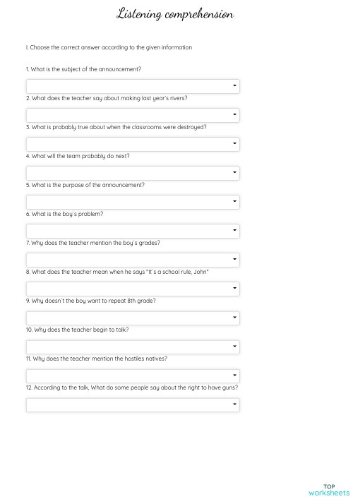 Listening comprehension. Ficha interactiva | TopWorksheets