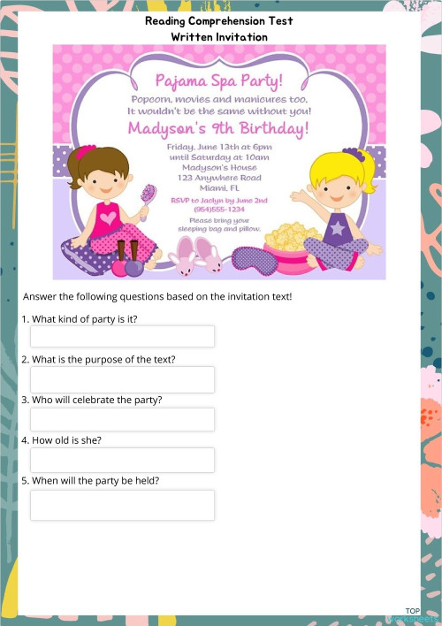 Reading Comprehension Test-Invitation Text(2). Interactive worksheet ...
