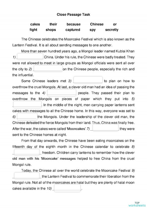 Cloze Passage (2/3/2022). Interactive worksheet | TopWorksheets