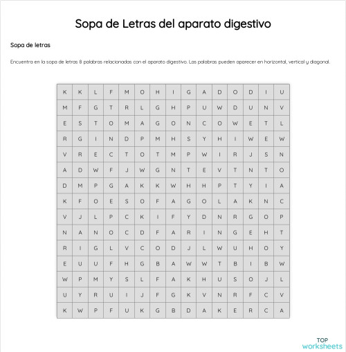Sopa de Letras del aparato digestivo. Ficha interactiva | TopWorksheets