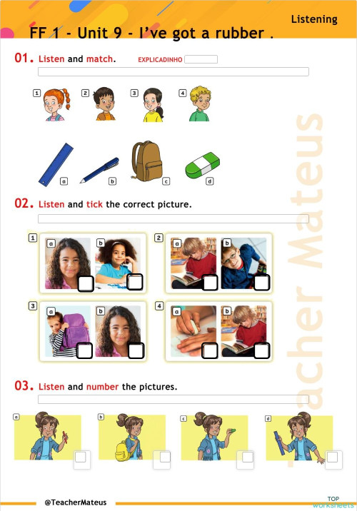 FF 1 - Unit 09 - I've got a rubber - Listening. Interactive worksheet ...