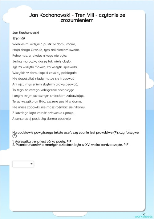 Jan Kochanowski - Tren VIII - czytanie ze zrozumieniem. Interactive ...