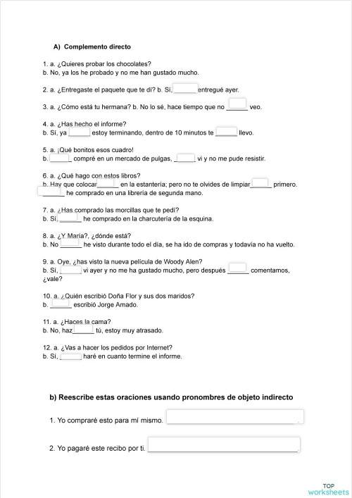 Pronombres: fichas interactivas y ejercicios online | TopWorksheets