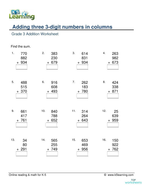 Math - Adding 3-Digit Numbers in Columns. Interactive worksheet ...
