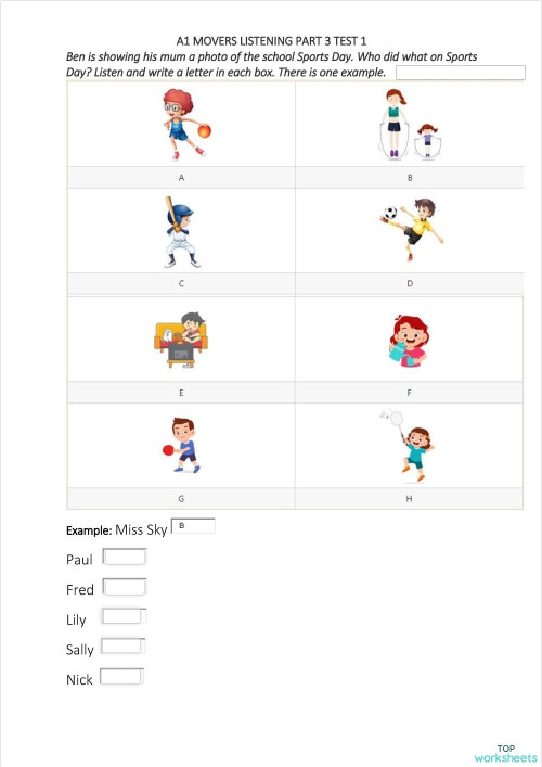 A1 MOVERS LISTENING PART 3 Sports Day. Interactive worksheet ...