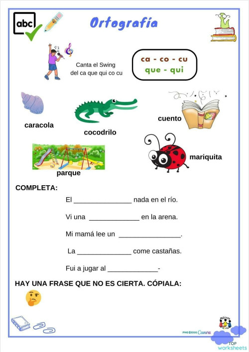 Ortogr. ca co cu que qui. Ficha interactiva | TopWorksheets