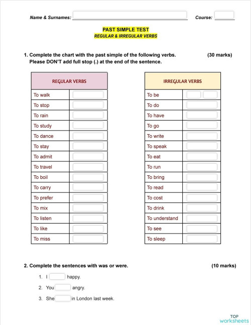 Past simple exam. Ficha interactiva | TopWorksheets
