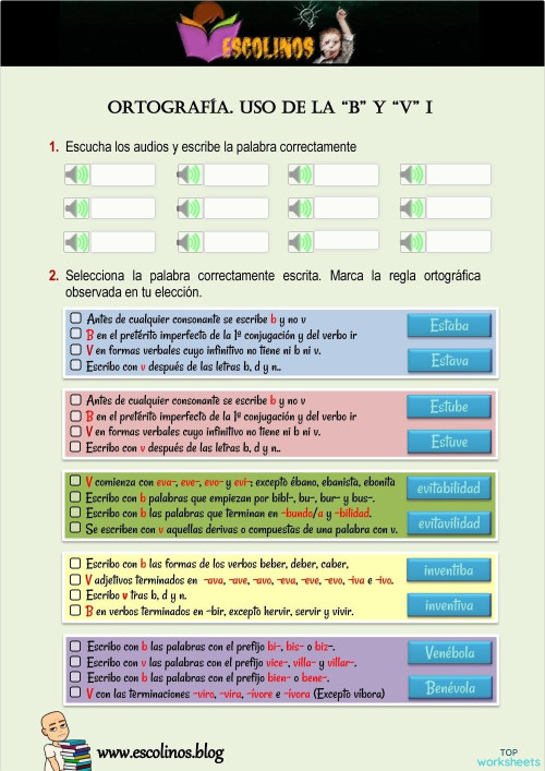 Ortografía. Uso de la b y v I. Ficha interactiva | TopWorksheets