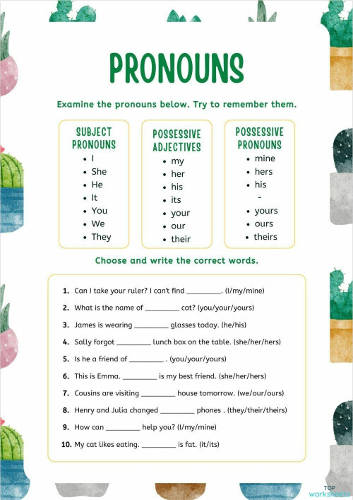 Green White Basic Pronouns English Worksheet. Interactive worksheet ...