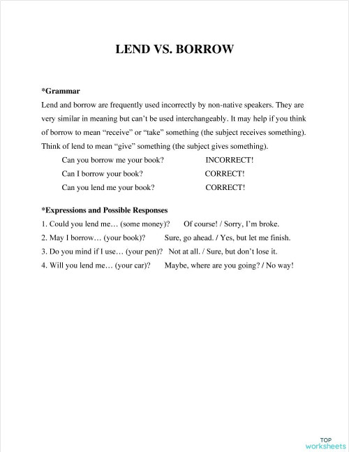 Activity for borrow and lend. Interactive worksheet | TopWorksheets