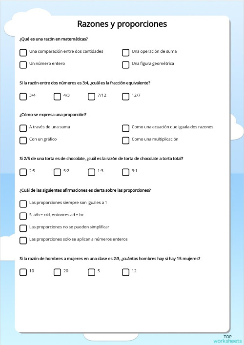 Razones y proporciones. Ficha interactiva | TopWorksheets