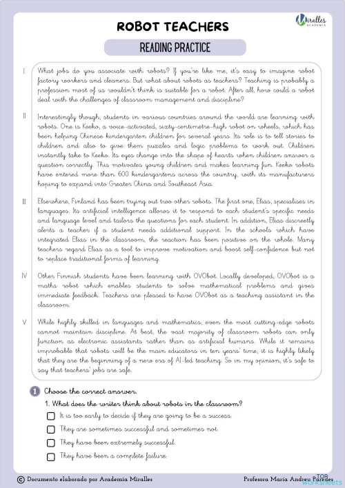 Reading "Robot teachers". Interactive worksheet | TopWorksheets