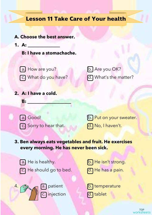 Lesson 11 Take Care of Your Health. Interactive worksheet | TopWorksheets