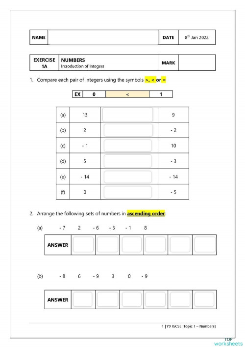 Compare and order of Integers. Interactive worksheet | TopWorksheets