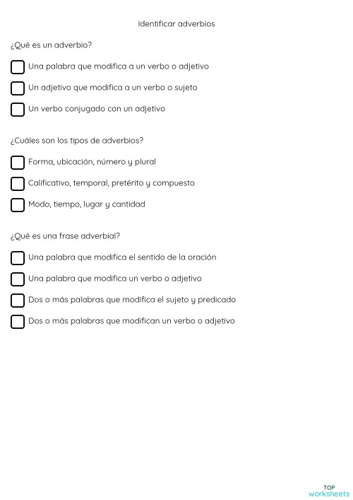 Identificar adverbios. Ficha interactiva | TopWorksheets