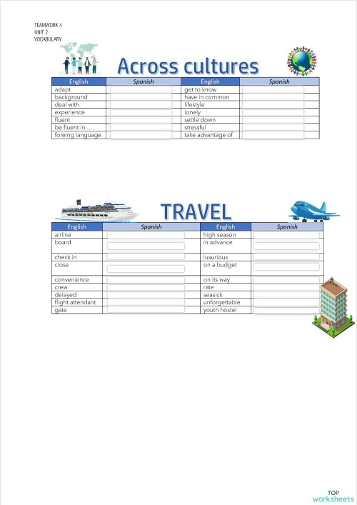 4º U2 VOC ACROSS CULTURES AND TRAVEL. Interactive worksheet | TopWorksheets