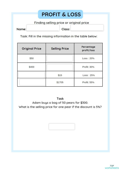 Profit & Loss. Interactive worksheet | TopWorksheets
