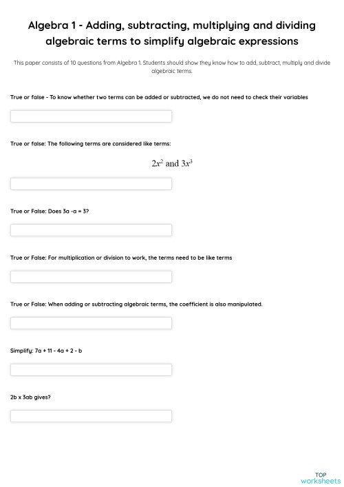 Algebra 1 - Adding, subtracting, multiplying and dividing algebraic ... Algebra 1 - Adding, subtracting, multiplying and dividing algebraic ...
