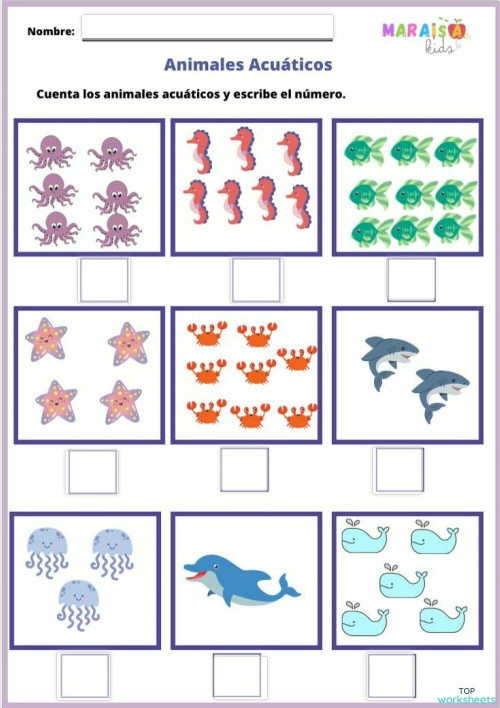 conteo animales marinos. Ficha interactiva | TopWorksheets