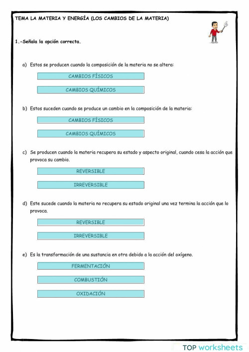 Los cambios de la materia. Ficha interactiva | TopWorksheets