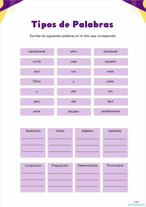 TIPOS DE PALABRAS. Ficha interactiva | TopWorksheets