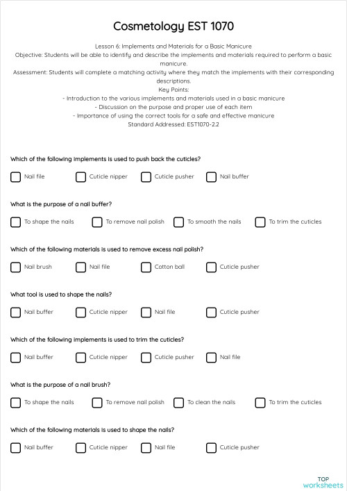 Cosmetology EST 1070. Interactive worksheet | TopWorksheets