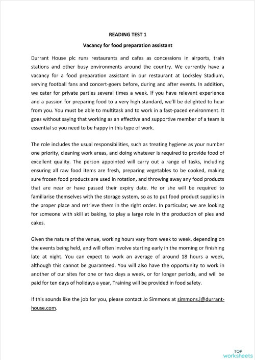 READING TEST 1. Interactive worksheet | TopWorksheets