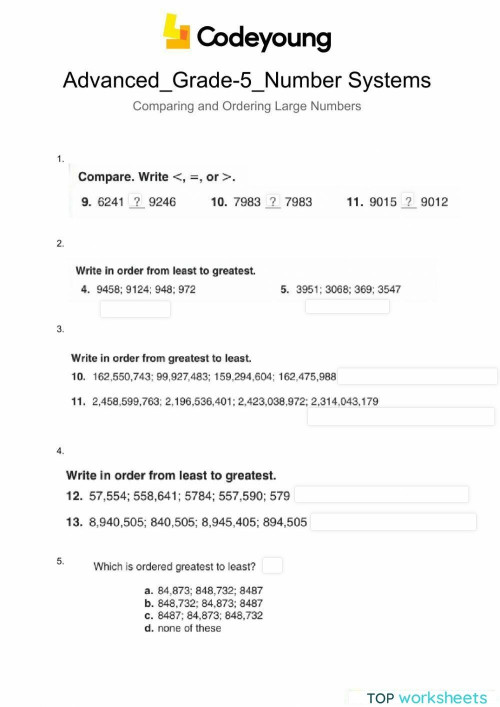 Advanced Comparing And Ordering Large Numbers Interactive Worksheet Advanced Comparing And Ordering Large Numbers Interactive Worksheet