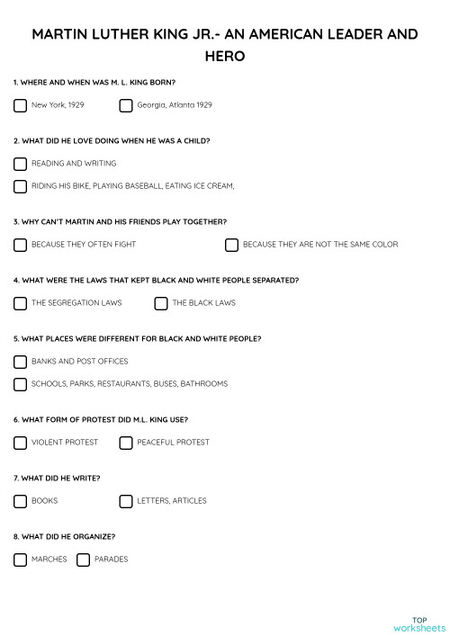 MARTIN LUTHER KING JR.- AN AMERICAN LEADER AND HERO. Scheda interattiva ...